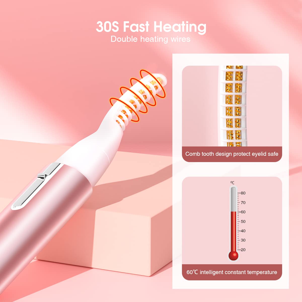 TOUCHBeauty Heated Eyelash Curler with Heating Lashes Curl Comb, Painless Quick Natural Curling Battery Powered TB-2052