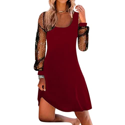 Pinkpaopao Women's Solid Color Shift Dress Scoop Neck Loose Minid Dress Mesh Long Sleeve Party Dress