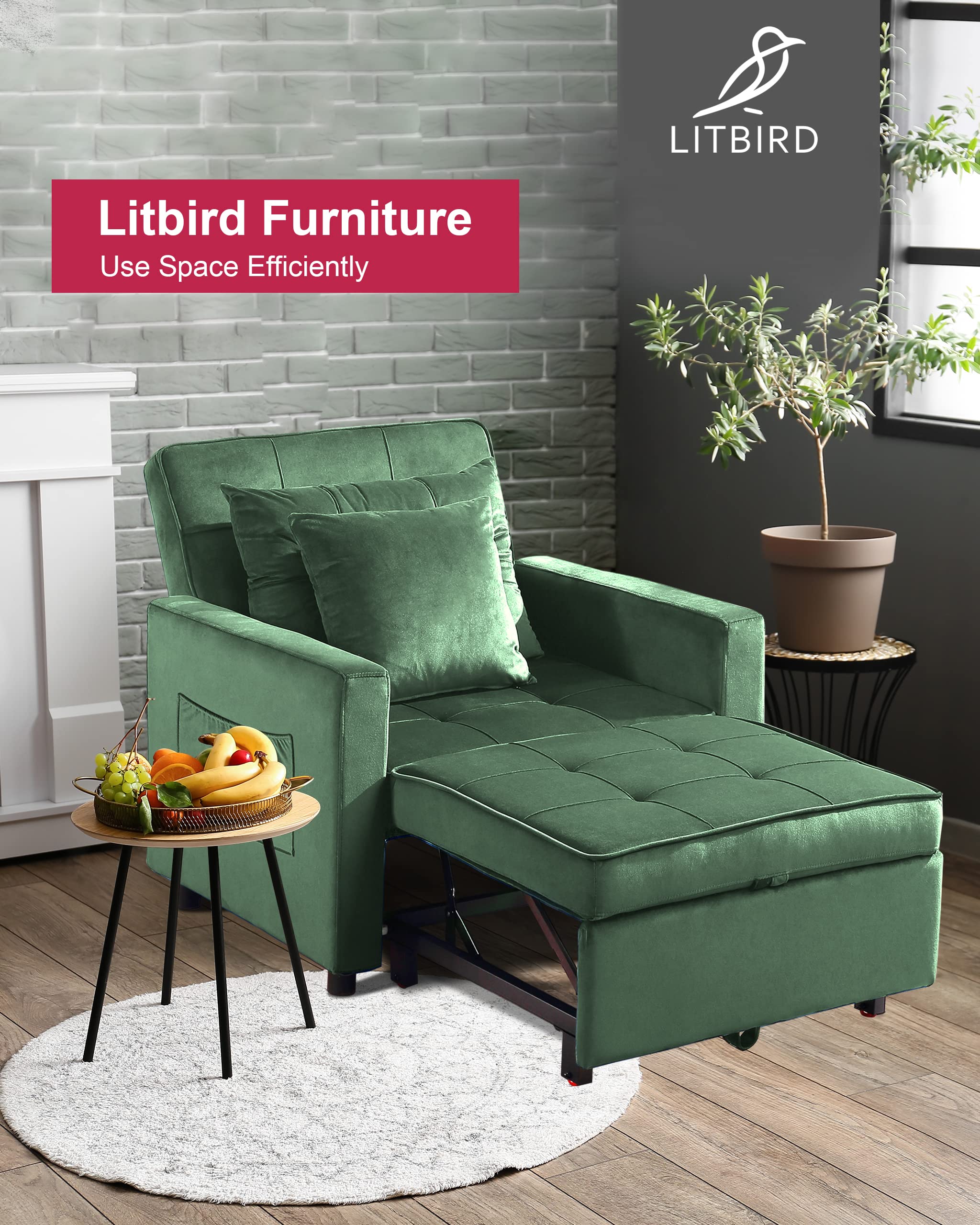 Litbird [UPDATED] Convertible Chair Sleeper Bed, Stepless Adjustable Backrest, Futon Chair Turns Into Bed, Sleeper Sofa for Living Room, 3 in 1, Imitation Flannel, Dark Green