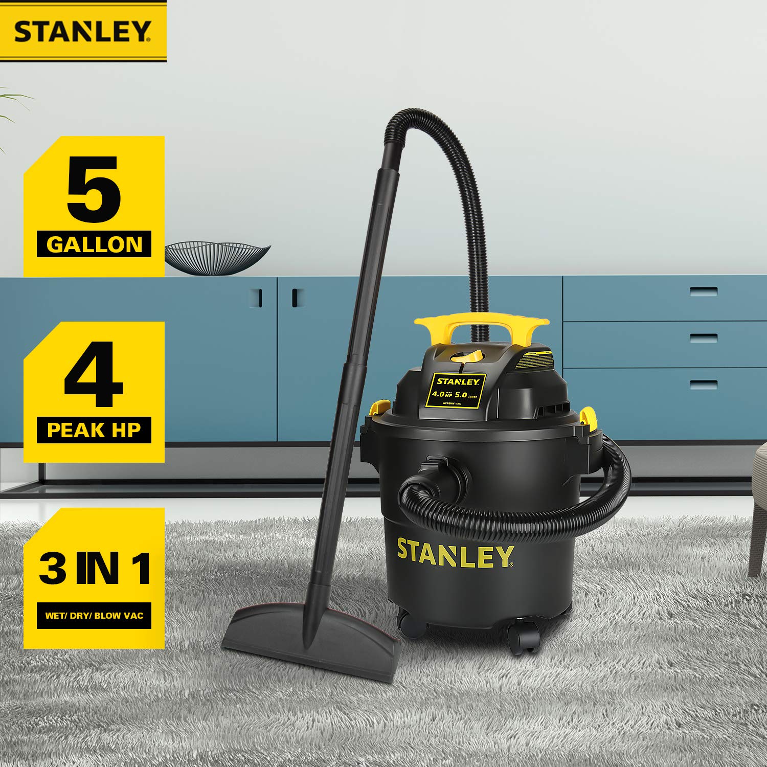 Stanley SL18115P Wet/Dry Vacuum, 5 Gallon, 4 Horsepower, 4.0 HP AC, Black & 25-1202 Foam Filter for 1-5 Gallon Wet/Dry Vacuums, Fit, 1-Pack, Black