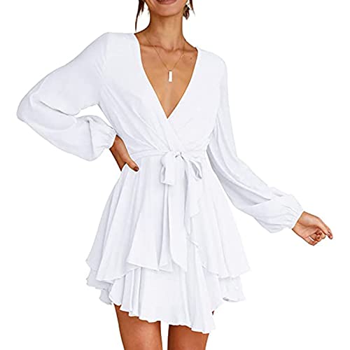 Pinkpaopao Women Deep V-Neck Flowy Dress Self Belt Long Sleeve Layered Swing Dress Solid Color Mini Dress