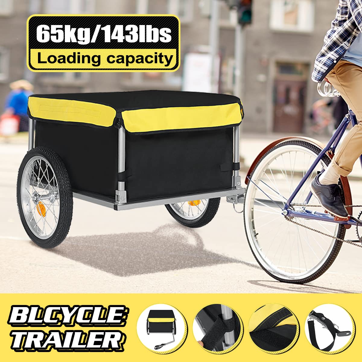 Sefzone Bike Trailer Cargo Foldable 143 lbs Max Load, with Removable Box and 600D Oxford Cover, 2x16'' Inflatable Wheels, Aluminum Bicycle Cargo Trailer w/Hitch, for Luggage, Tools, Groceries