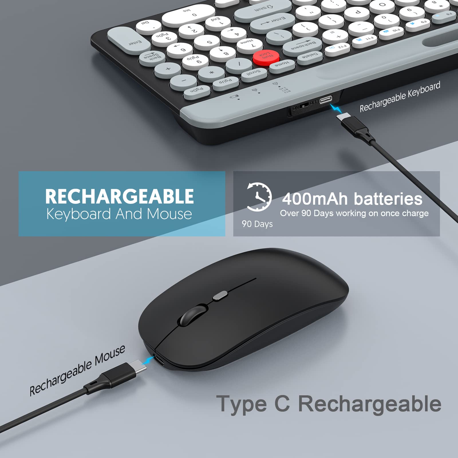 Wireless Keyboard and Mouse Combo, LORERAN 2.4G Ergonomic Wireless Computer Keyboard with Phone Tablet Holder, Silent Mouse, Compatible with MacBook, Windows (Black)