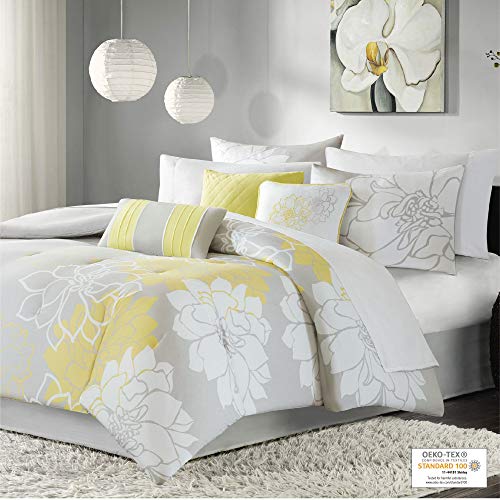 Madison Park Lola Sateen Cotton Comforter Set-Casual Medallion Floral Design All Season Down Alternative Bedding, Shams, Bedskirt, Decorative Pillows, Queen(90"x90"), Grey/Yellow, 7 Piece