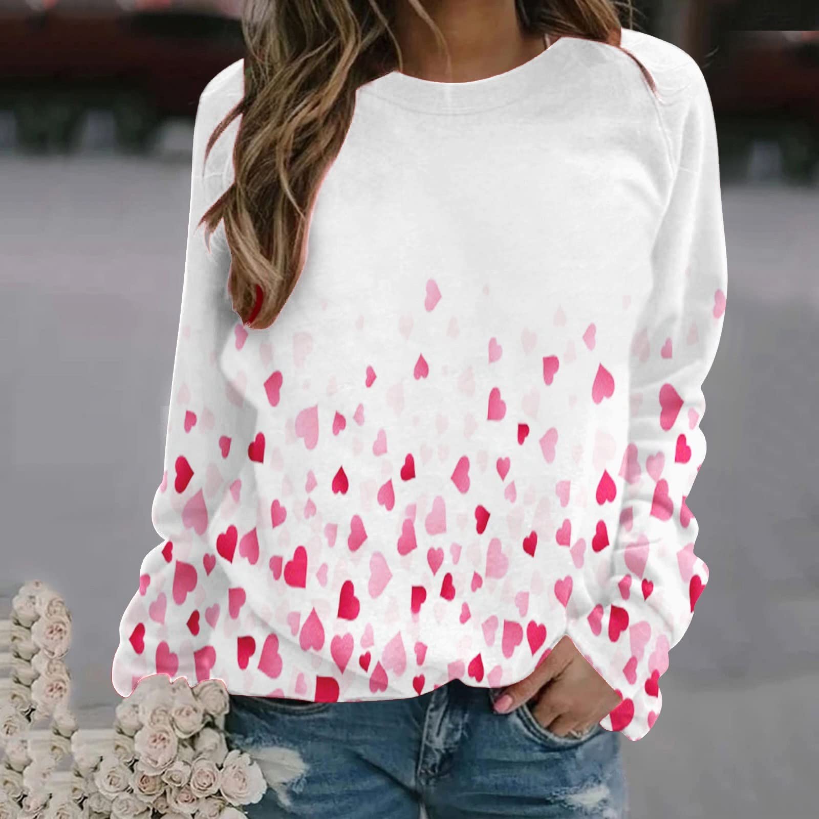 Swrowesi Valentine's Day Sweatshirts for Women Love Heart Print Fall Pullover Tops Crew Neck Long Sleeve Casual Blouse