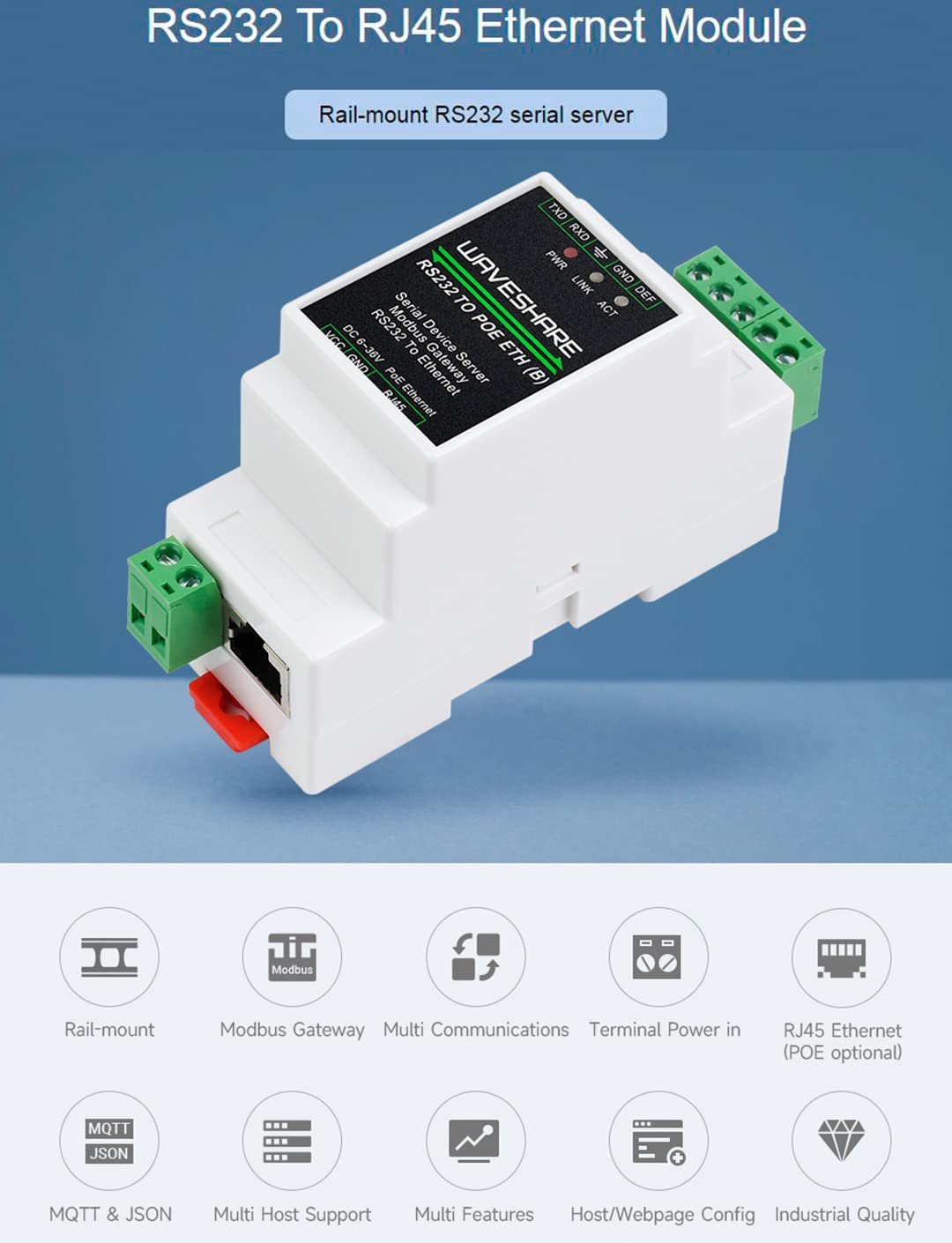 waveshare RS232 to POE RJ45 Ethernet Module, Industrial Rail-Mount RS232 Serial Server with POE Funtion, TCP/IP to Serial, Support Modbus Gateway, Bi-Directional Between RS232 and Ethernet