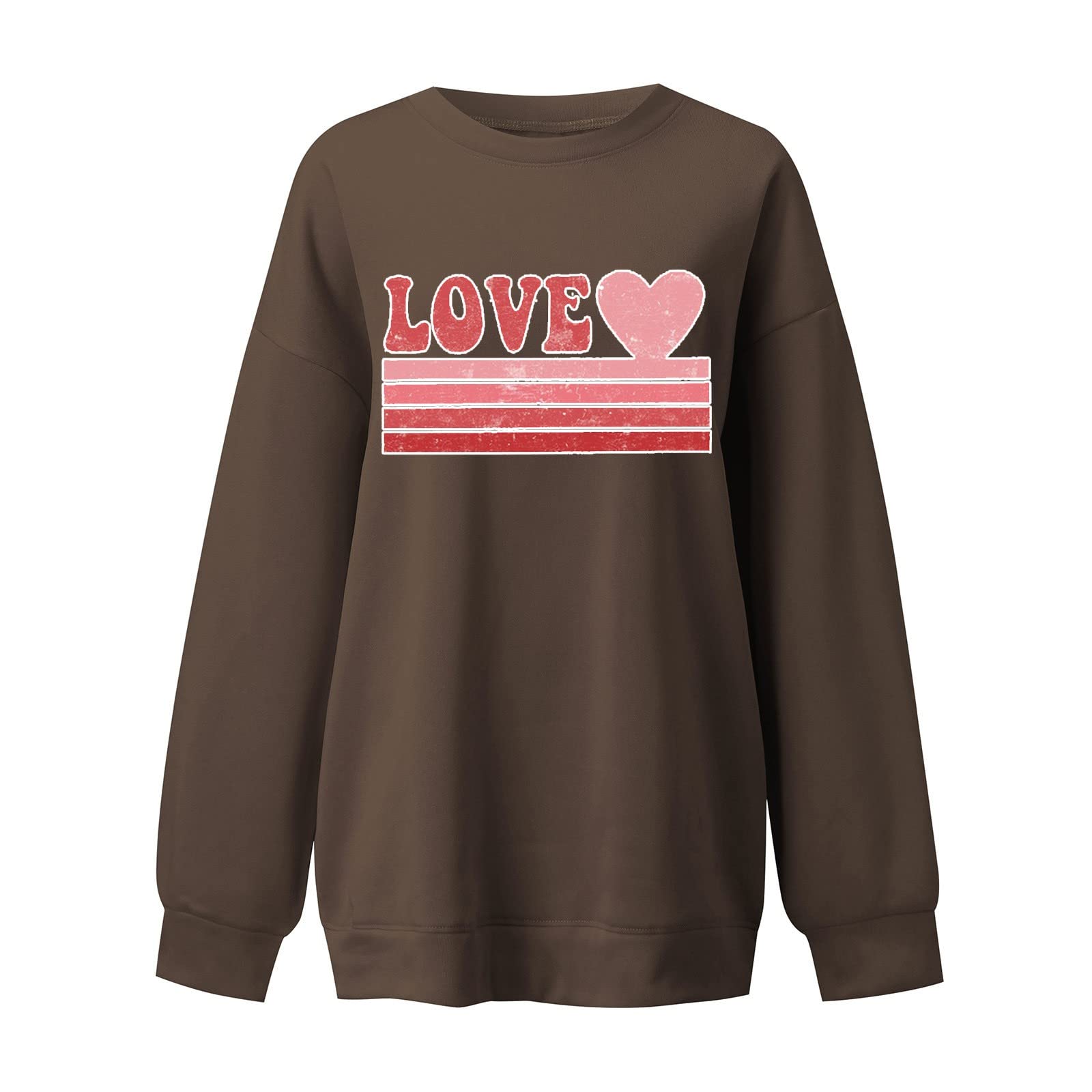 Swrowesi Women's Valentine's Day Love Long Sleeve Sweatshirt Round Neck Drop Shoulder Loose Pullover Tops