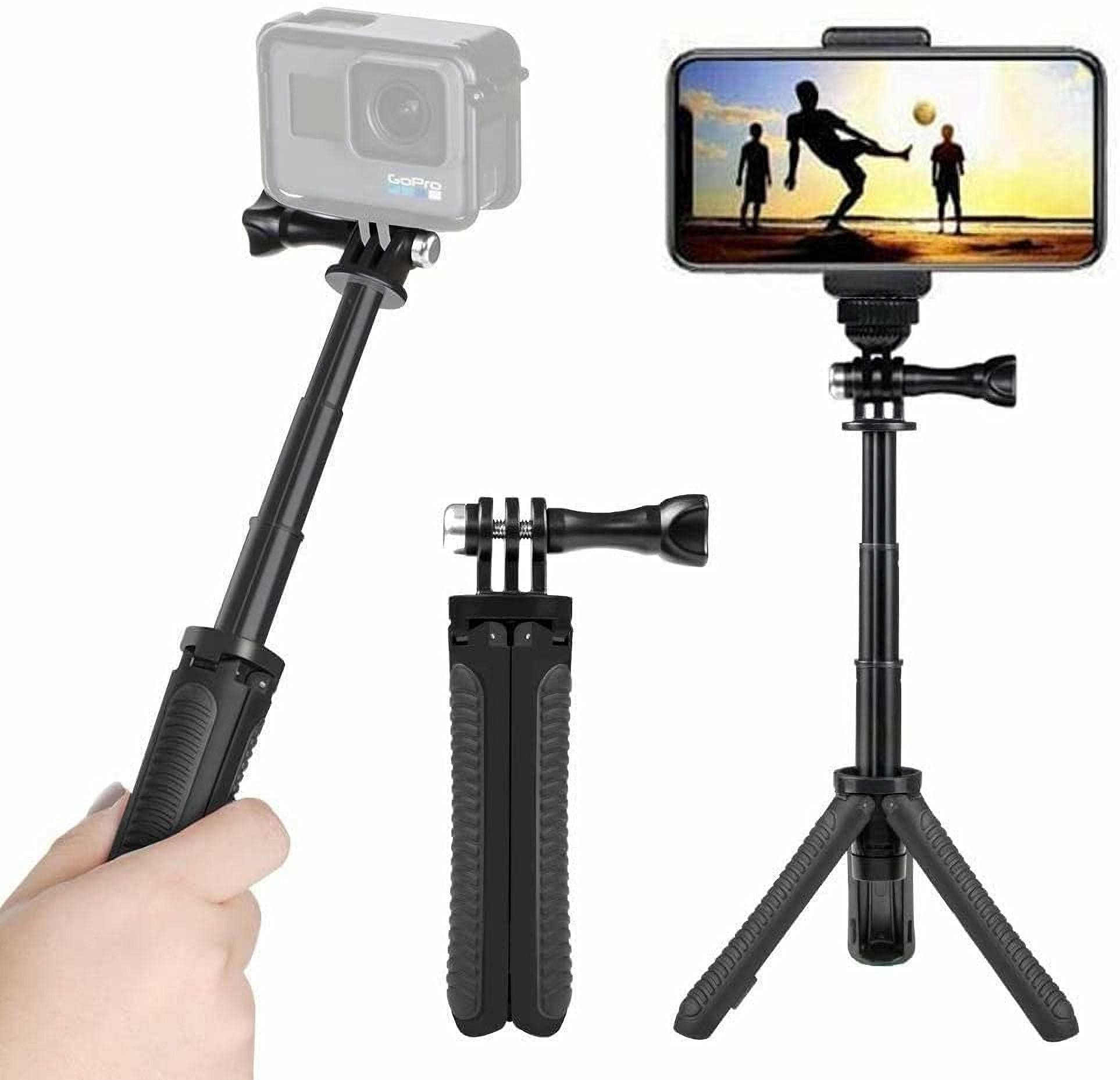 Mini Selfie Stick Tripod Kit 2-in-1, Compatible with GoPro AKASO Insta360 DJI Osmo Action Camera and Smartphones, 1/4 inch Screw Fixed, with 3-Level Telescopic Function Tripod(Black)