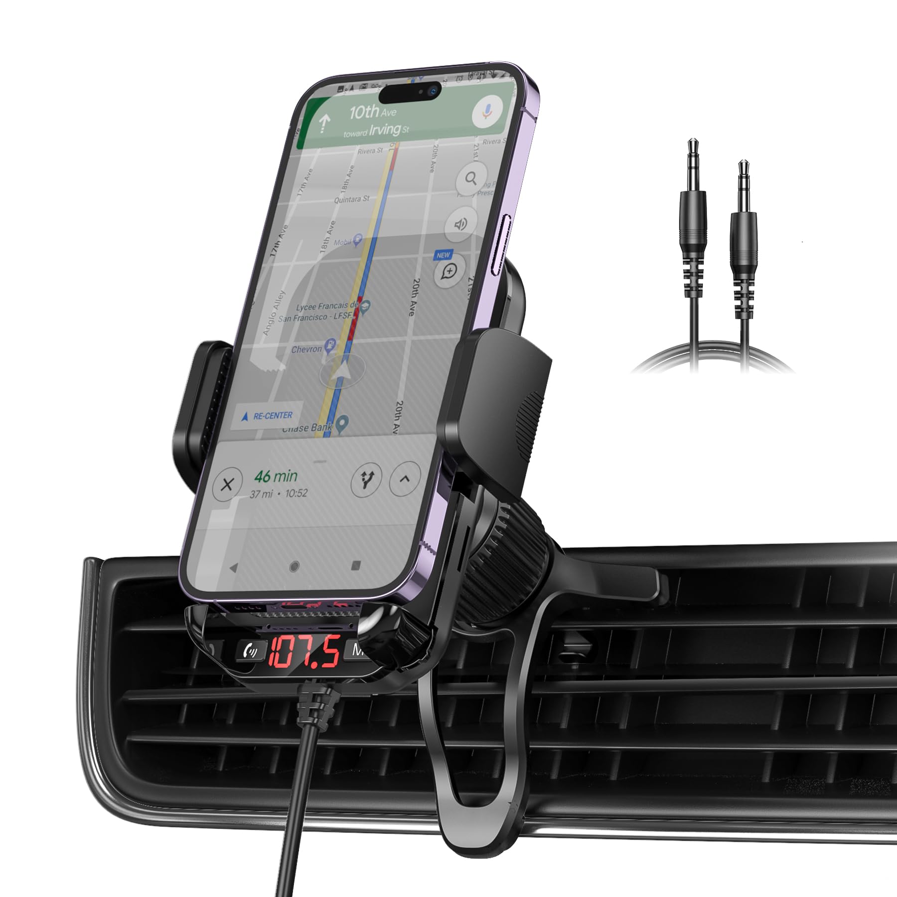 Majiphi Bluetooth Car Adapter,[Your Friendly FM Bluetooth Transmitter for Car Driving],Quickly Controlled with Car's A/C Vent Phone Mount,5.3 FM/AUX for Hands-Free Calling and Enjoy Music (Dark Grey)