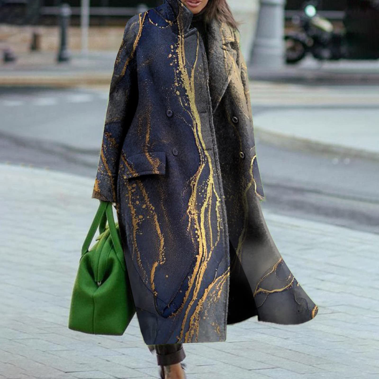 Swrowesi Women's Big Notch Lapel Mid-Long Wool Blend Coat Print Plus Size Elegant Over Coat Outwear