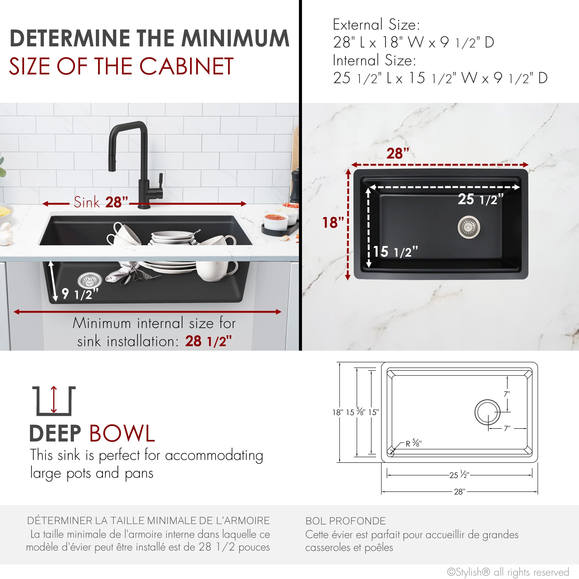 STYLISH 28 x 18 inch Workstation Dual Mount Granite Composite Single Bowl Reversible Kitchen Sink with Regular Strainer, Colander, Drying Rack and Cutting Board (Black) S-828WN