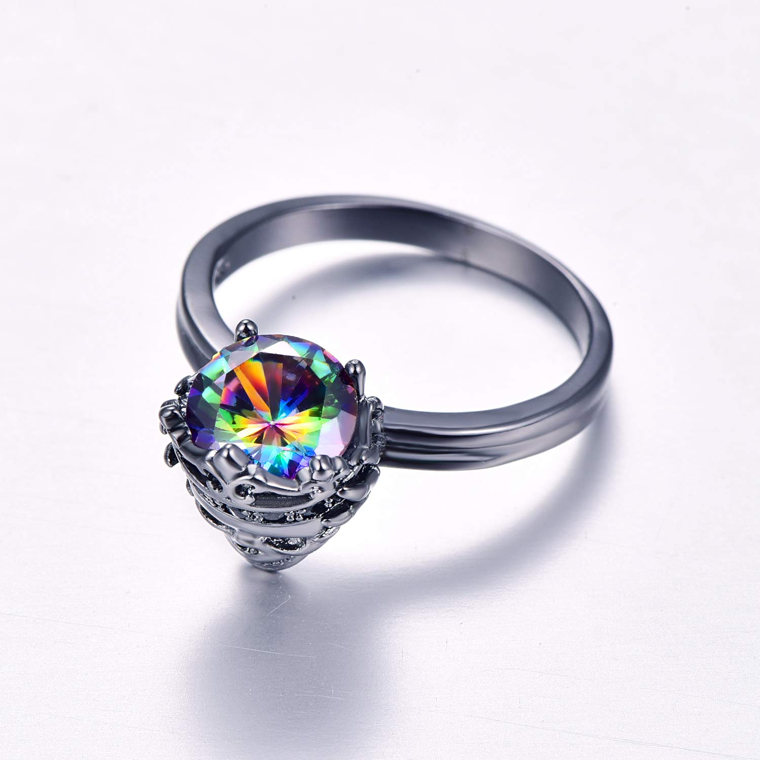 Narica Black Gold Plated Women's Antique Gothic Skull Ring Retro Oxidized Finished Round Cut Created Rainbow Topaz CZ Cubic Zirconia Filled Vintage Band Halloween 6#