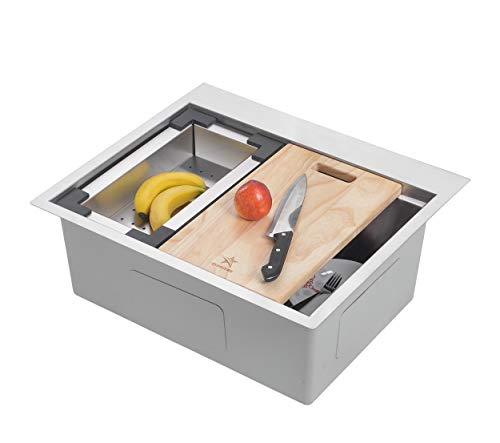 STARSTAR Workstation Ledge Topmount/Drop-in Single Bowl 304 Stainless Steel Kitchen/Yard/Bar/Laundry/Office Sink, With Grid, Colander, Cutting Board, Strainer (23 x 20 x 9-Black Colander)