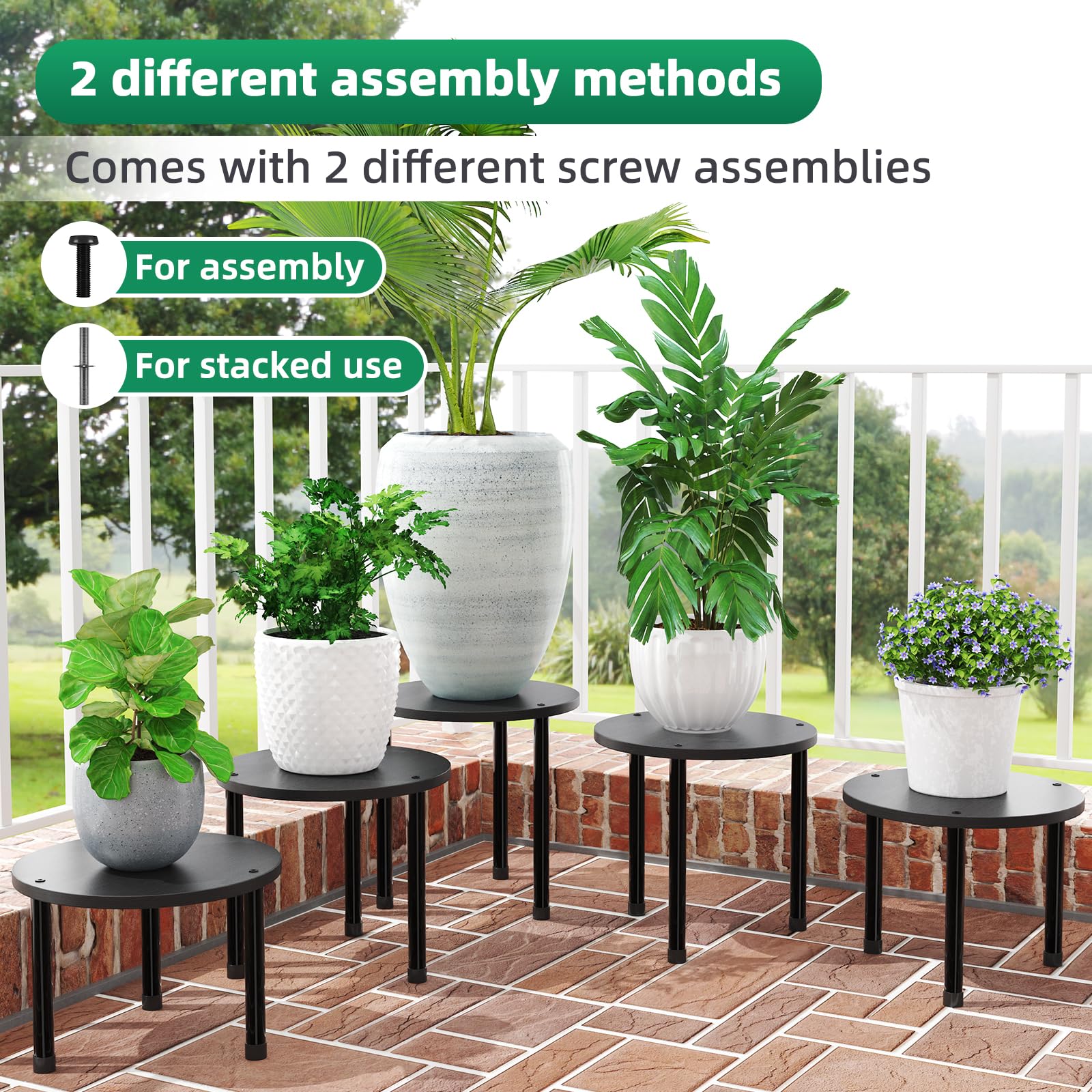Simple Trending 5 Pack Stackable Plant Stand Indoor Outdoor, Sturdy Wood Flower Pots Stand Shelf, Heavy Duty Metal Plant Holder for Multiple Plant, Black