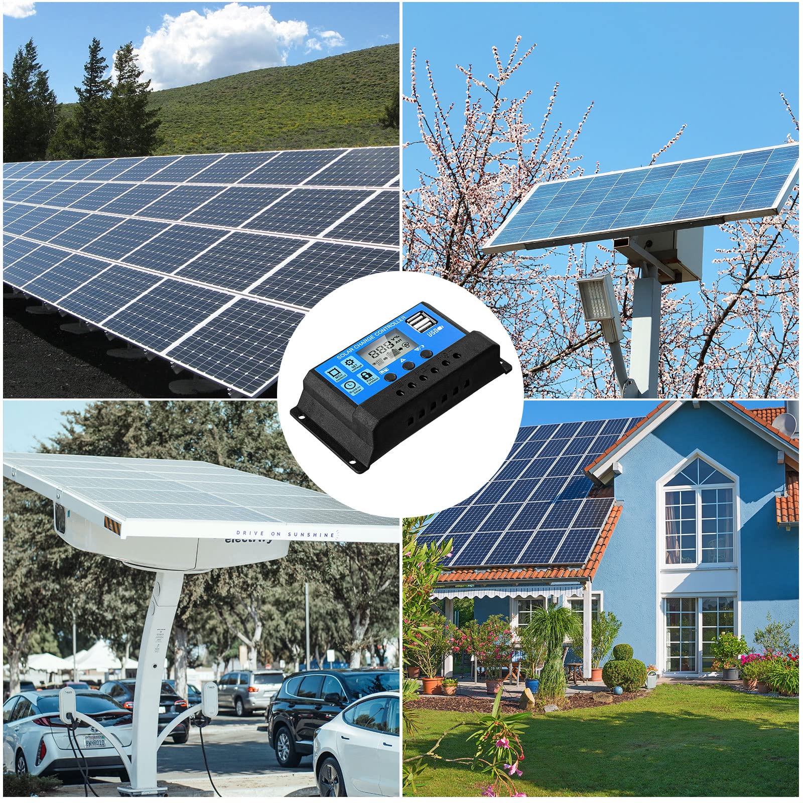 Solar Battery Controller 12v/24v Solar Panel Charge Controller Ground Solar Panel Controller Regulator with Adjustable LCD Display and Dual USB Port Timer Setting PWM Auto Parameter(2 Pieces,30A)