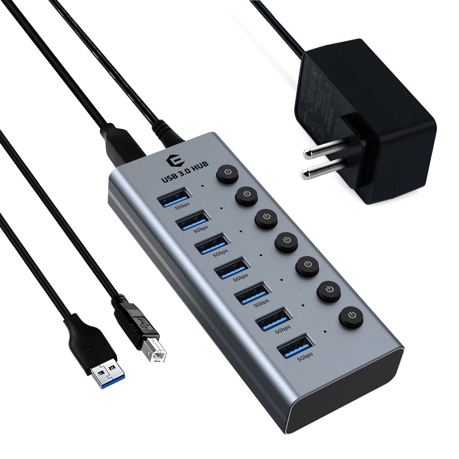 USB Hub Active 3.0 with Power Supply, 7 Ports USB Adapter Active USB Splitter 5 Gbps USB 3.0 Hub with 1 m Cable, 24 W (12 V/2 A) Power Supply Dock and Separate Switch with LED Display