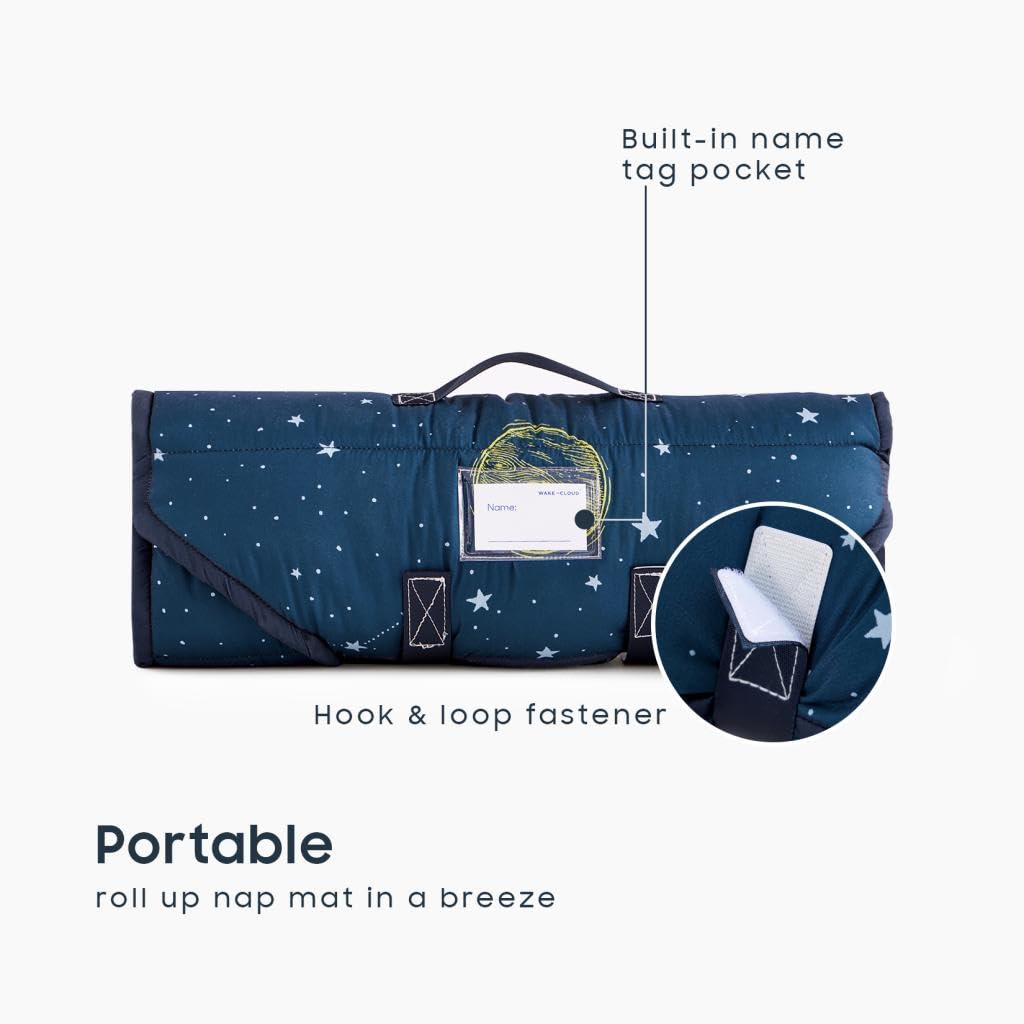 Wake In Cloud - Nap Mat with Pillow for Kids Toddler Boys Girls, Fit Preschool Daycare Sleeping Cot with Elastic Corner Straps, Rockets Stars Galaxy Space Planet on Navy Blue, 100% Soft Microfiber