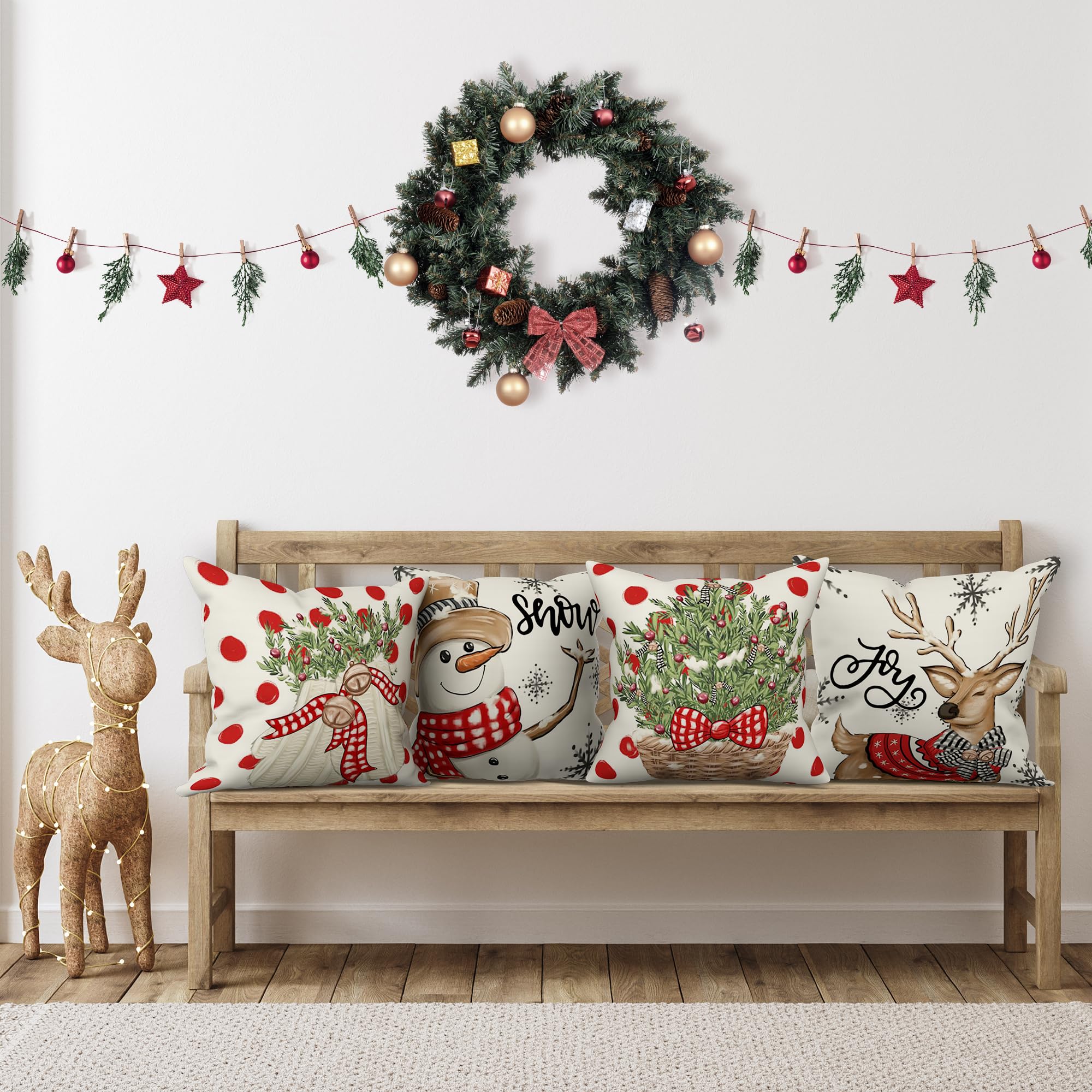 LITIVY Christmas Decor Pillow Covers Set of 4 Decorative Throw Pillowcase for Winter Xmas Holiday Home Decor for Sofa Couch (Christmas Tree Snowman Gloves Deer) (18"x18", Red)