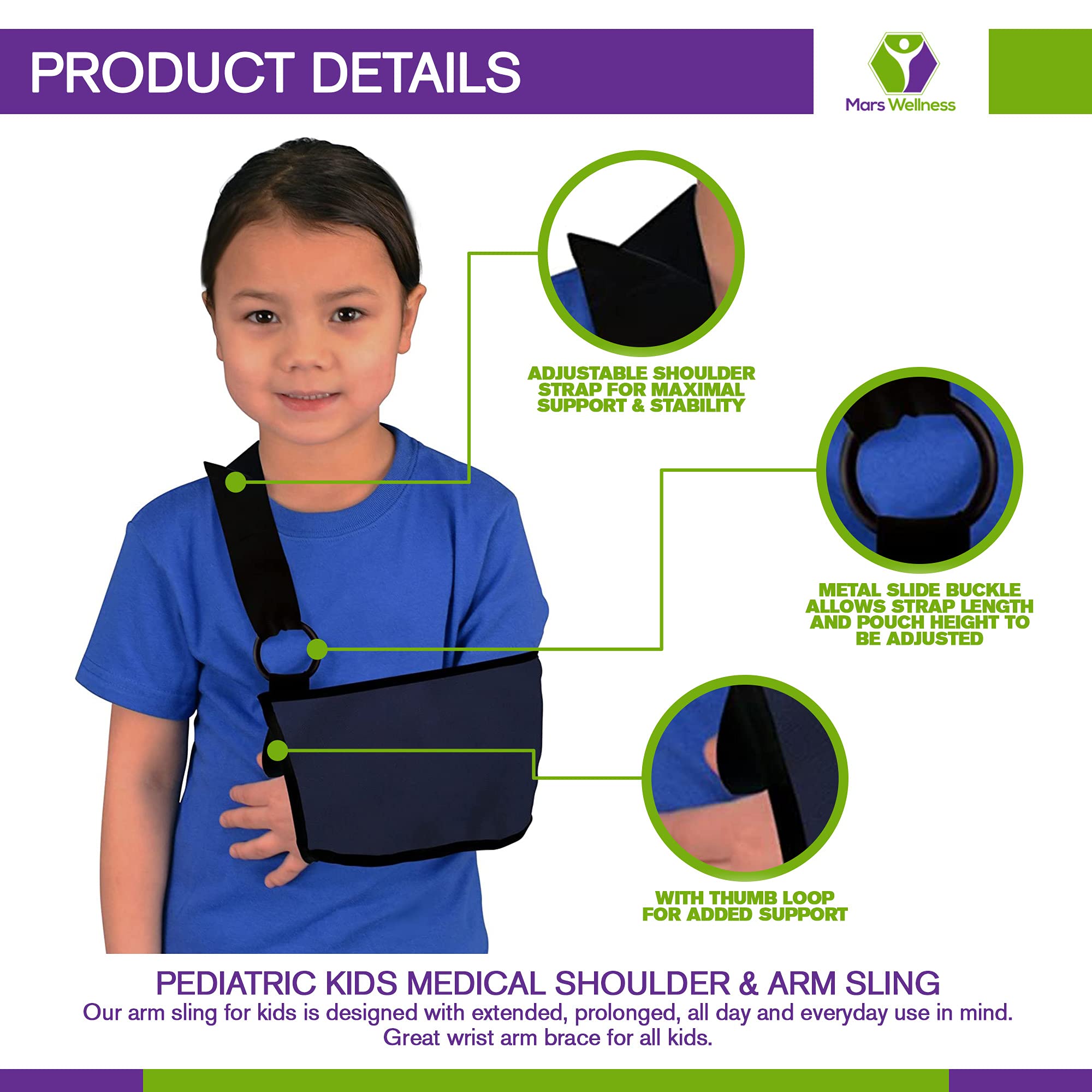 Mars Wellness Pediatric Kids Medical Shoulder and Arm Sling - Adjustable Neck Sling for Kids - Thumb Loop for Added Support - Blue