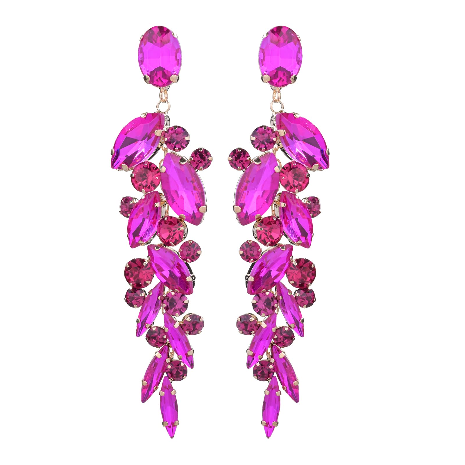 Rhinestone Fashion Statement Dangle Earrings Sparkly Hot Pink Marquise Crystal Drop Earrings for Women Wedding Prom
