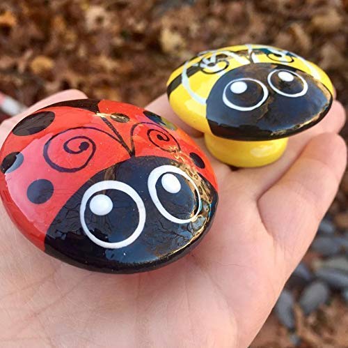 Unique and adorable hand painted red ladybug drawer cabinet pulls and knobs. 1 ½ inches round.