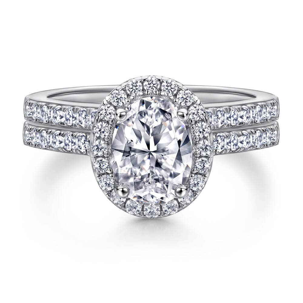 Oval Bridal Sets Wedding Ring Set for Women White Gold 1 Carat Center Moissanite Engagement Ring Set Platinum Plated Silver 10K 14K 18K Gold Ring with Text Engraving (size 7)