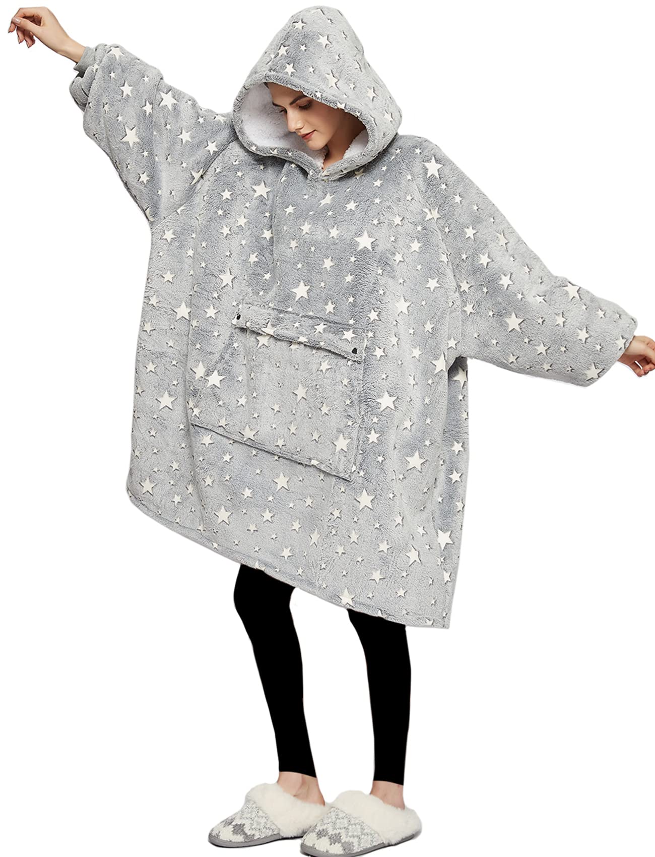 Lzzidou Oversized Blanket Hoodie for Women, Two Layers Cozy Flannel Sherpa Wearable Blanket Sweatshirt Adult