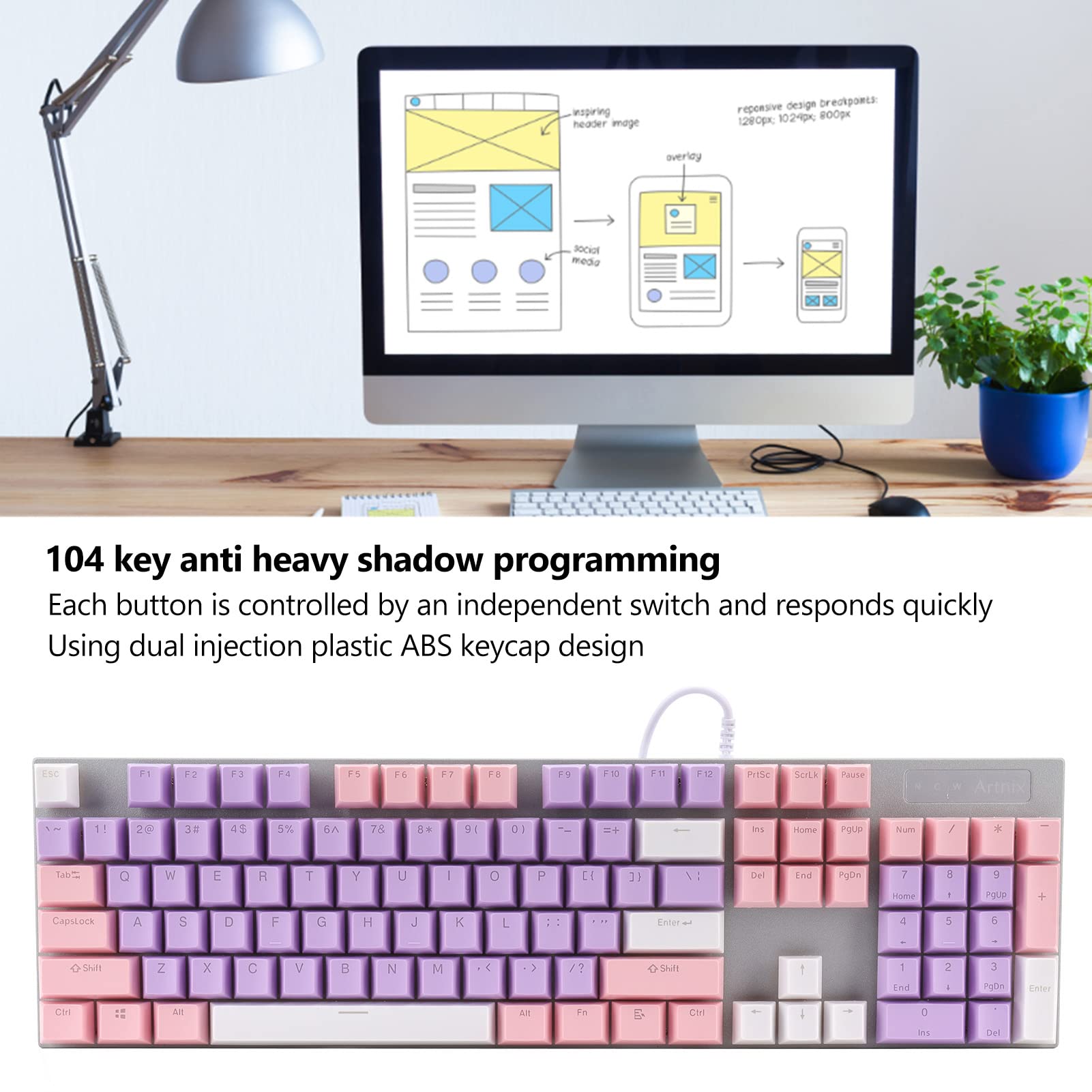 Yunseity Mechanical Gaming Keyboard, 104 Keys RGB Backlit Hot Swap Wired Keyboard with Red Switch, Portable Ergonomic Computer Keyboard for for OS Red Switch
