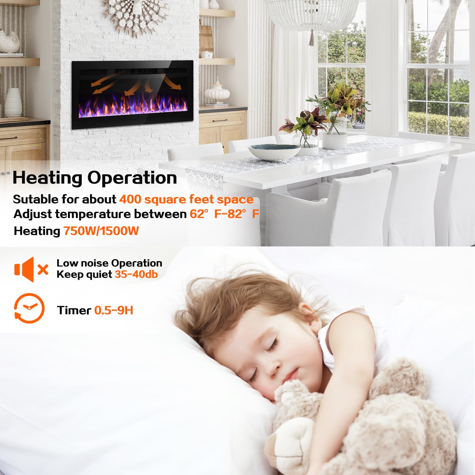 LITSDFM 43 Inch Electric Fireplace, Recessed and Wall Mounted Fireplace, Fireplace Heater and Linear Fireplace, with Timer, Remote Control, Adjustable Flame Color, 750/1500W, Black