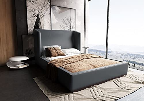 Manhattan Comfort Lenyx Mid Century Modern Faux Leather Upholstered Bed Frame, Queen, Graphite
