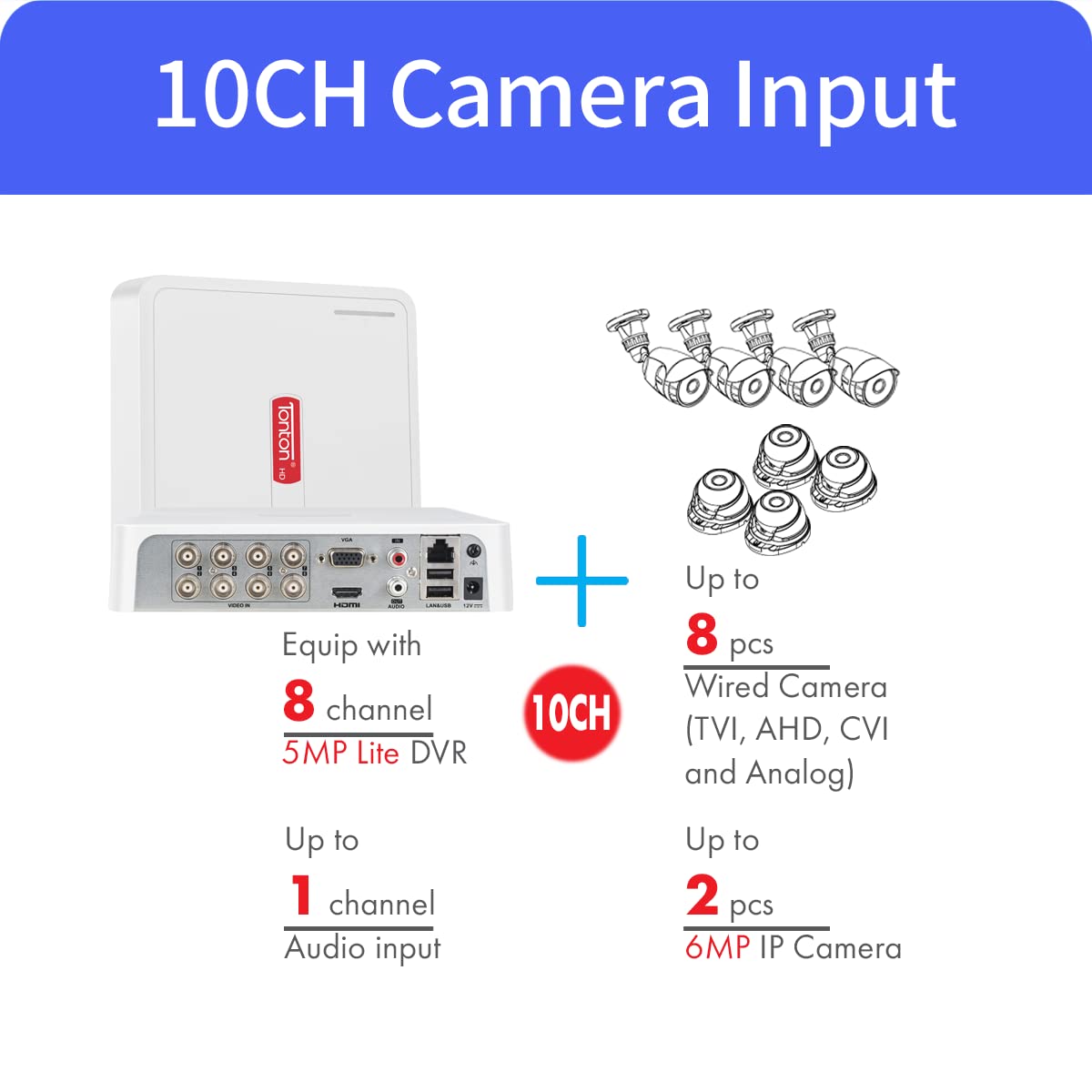 Tonton 5MP LITE Full HD Security Camera System,10 Channel Hybrid DVR Recorder with 1TB HDD and 6PCS 2MP Outdoor Bullet Cameras,Full Metal Housing,Free App&Email Motion Alerts,Easy Remote Viewing