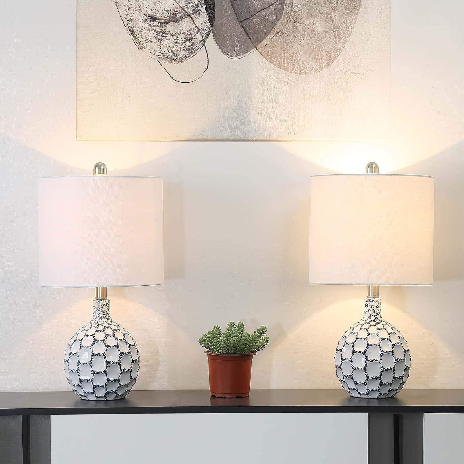 Maxax Table Lamp Set of 2, Ceramic Bedside Desk Lamp with White Fabric Shade for Living Room Family Bedroom