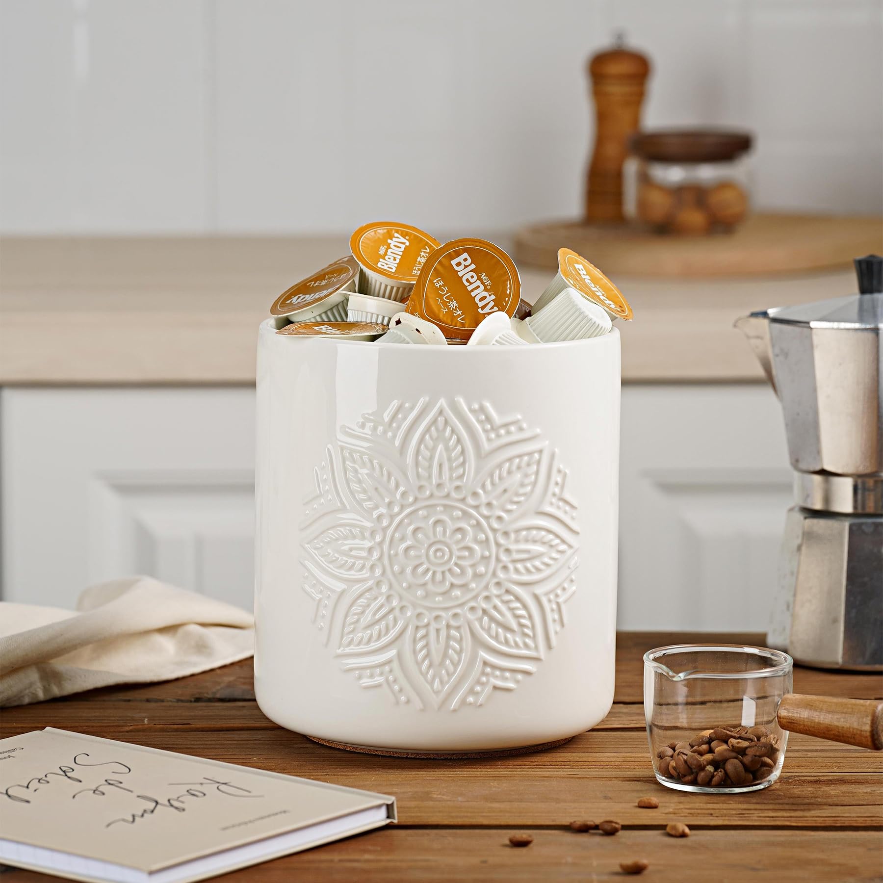 MIKIGEY Kitchen Utensil Holder, 7.2” Large Ceramic Cooking Utensil Holder with Cork Mat for Countertop, Utensil Crock for Farmhouse Kitchen Decor, Ceramic Stable Utensil Caddy, White