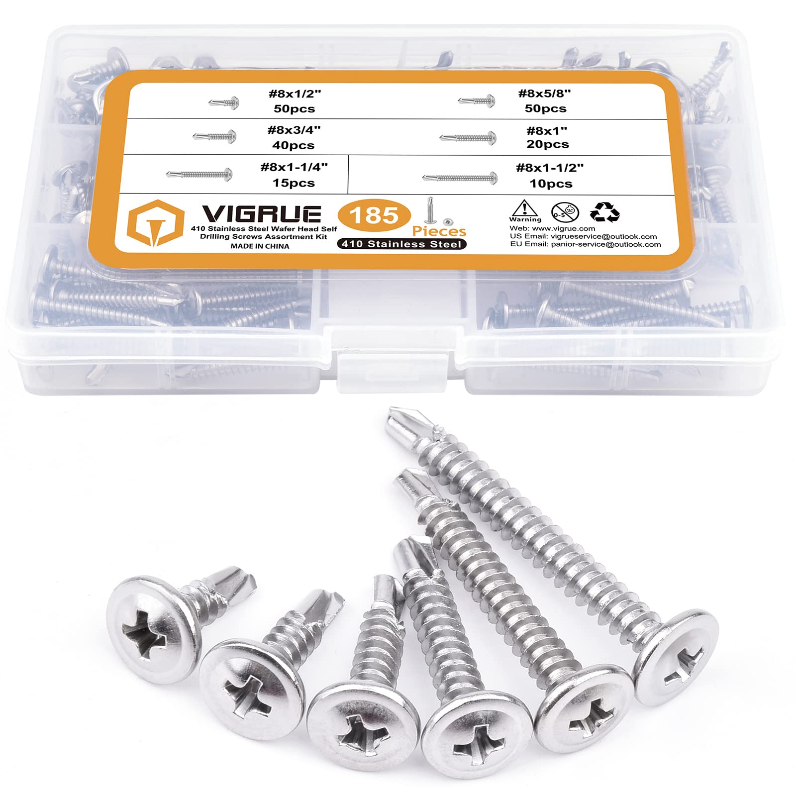VIGRUE 185Pcs #8 Truss Head Self Tapping Screws, 410 Stainless Steel Low Profile Self Drilling Tek Screw Assortment Kit, Length 1/2'' to 1-1/2''
