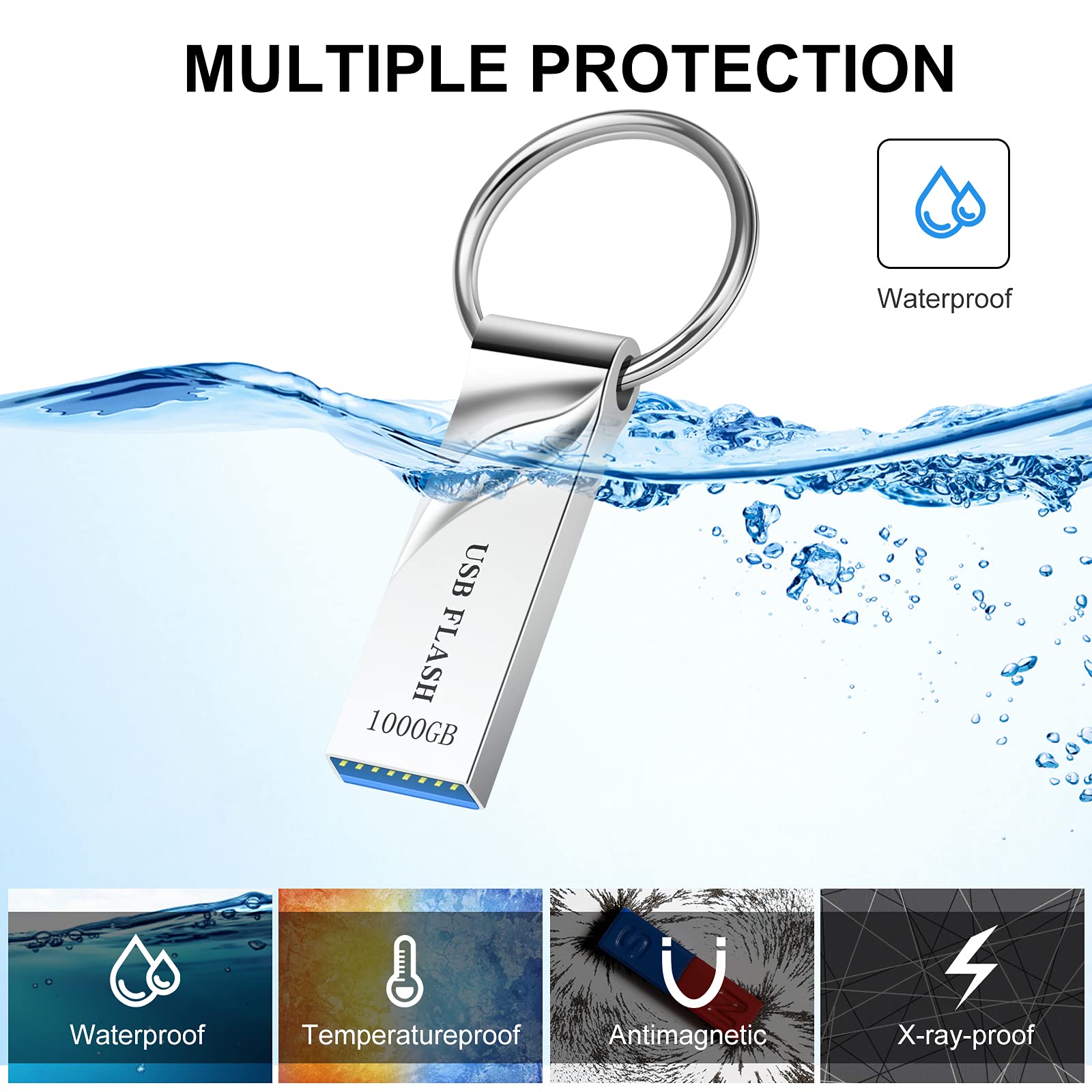 wedcook 1TB USB Flash Drive Waterproof Shockproof USB 3.0 Thumb Drive 1000GB High Speed USB Drive Metal Pen Drive Mini Memory Stick with Keychain for Data Storage and Backup