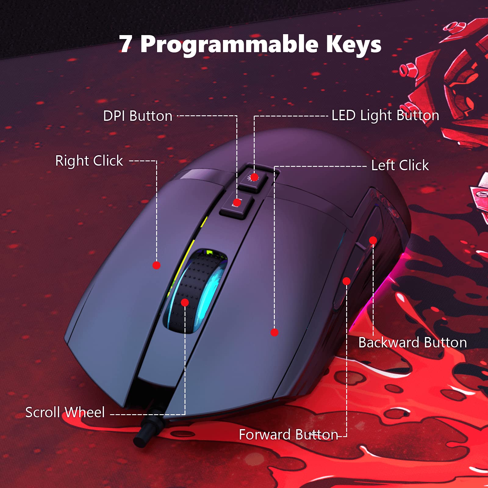 MARVO CM372 Mechanical Keyboard and Mouse Combo RGB Gaming 104 Keys Blue Switches Wired USB Keyboards with Gaming Mouse Pad, 6400 DPI Programmable Mouse with 7 Buttons for PC Gamer Computer Laptop