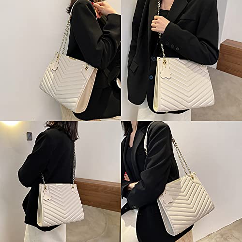 Quilted Shoulder Bag leather handbag designer Crossbody tote purse with Chain Strap for women Beige