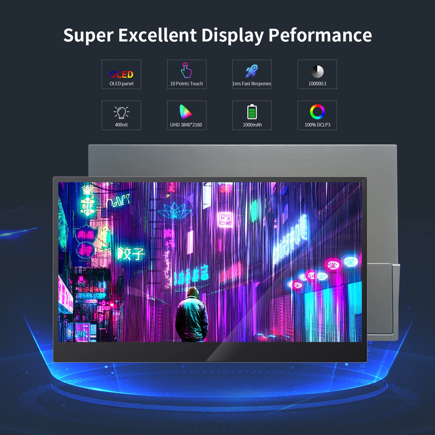 Virzen OLED Portable Monitor Touchscreen 4K 3840 x 2160 Touchscreen Display with 10000mah Battery 15.6” UHD 10bit 100% DCI-P3 100000:1 Color Second Screen for Laptop, PC, Phone, Camera, Consoles