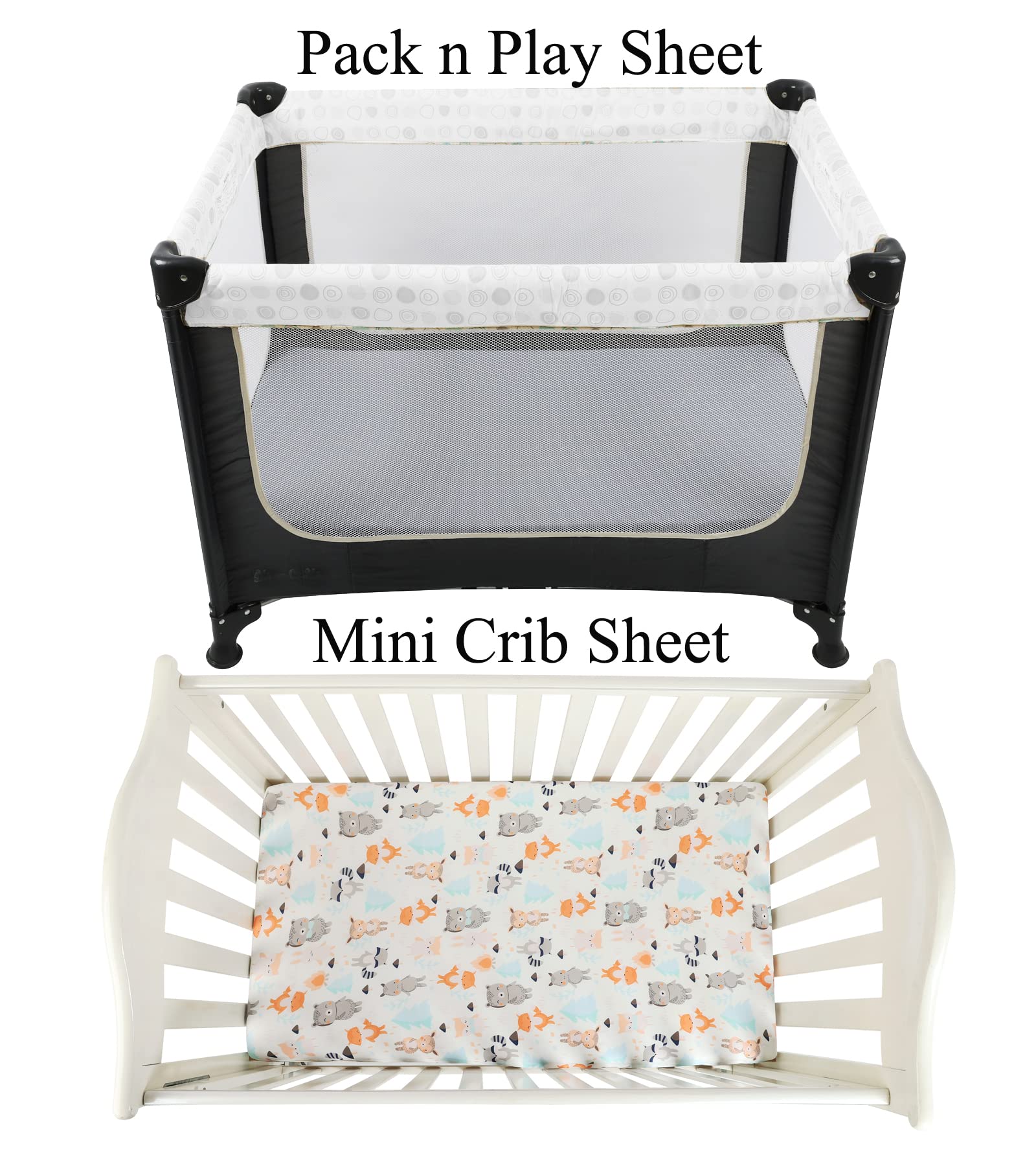Tontukatu Pack n Play Sheet Stretchy Fitted Portable Mini Crib Sheets Set 3 Pack,Playard Sheets Convertible Playard Mattress Cover,Ultra Soft Jersey Material,Elephant Tiger,Fox & Grey