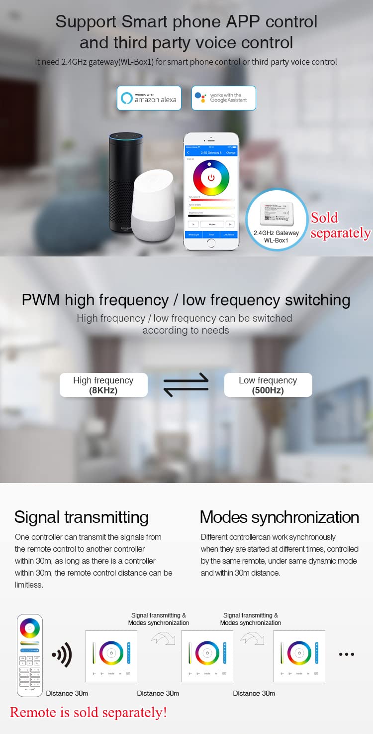 LGIDTECH P3 Miboxer Wall-Mounted Full Touch Panel Controller for 3528 5050 2835 RGB RGBW RGB+CCT Dimmable Color Changing LED Strip Lighting DC 12-24V 10A 120W 240W.Support Voice and DMX512 Control