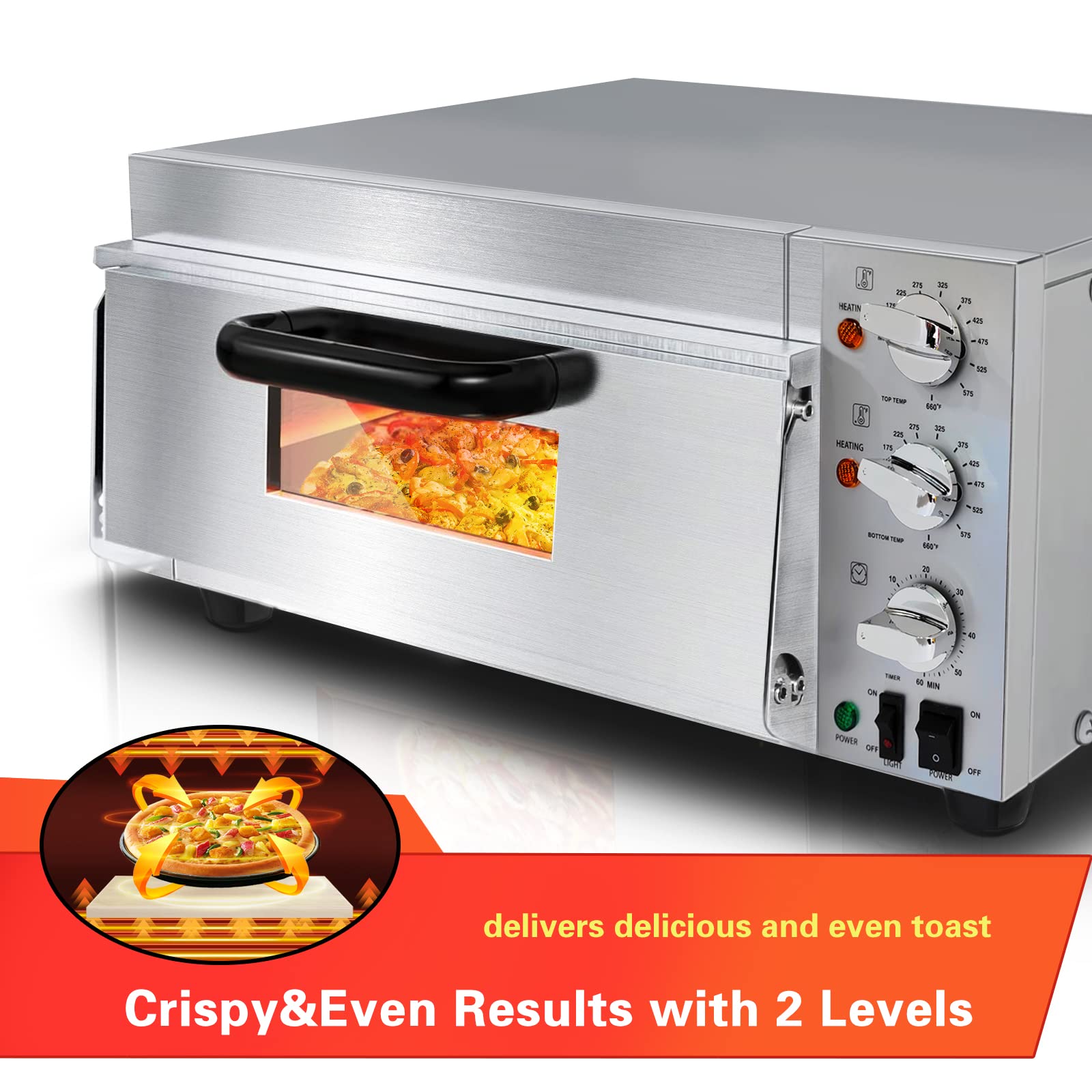 Pizza Oven Countertop Indoor 23'' Stainless Steel Commercial Pizza Oven Single Layer Deck Deluxe Pizza Maker Multipurpose Snack Oven for Restaurant Kitchen Home