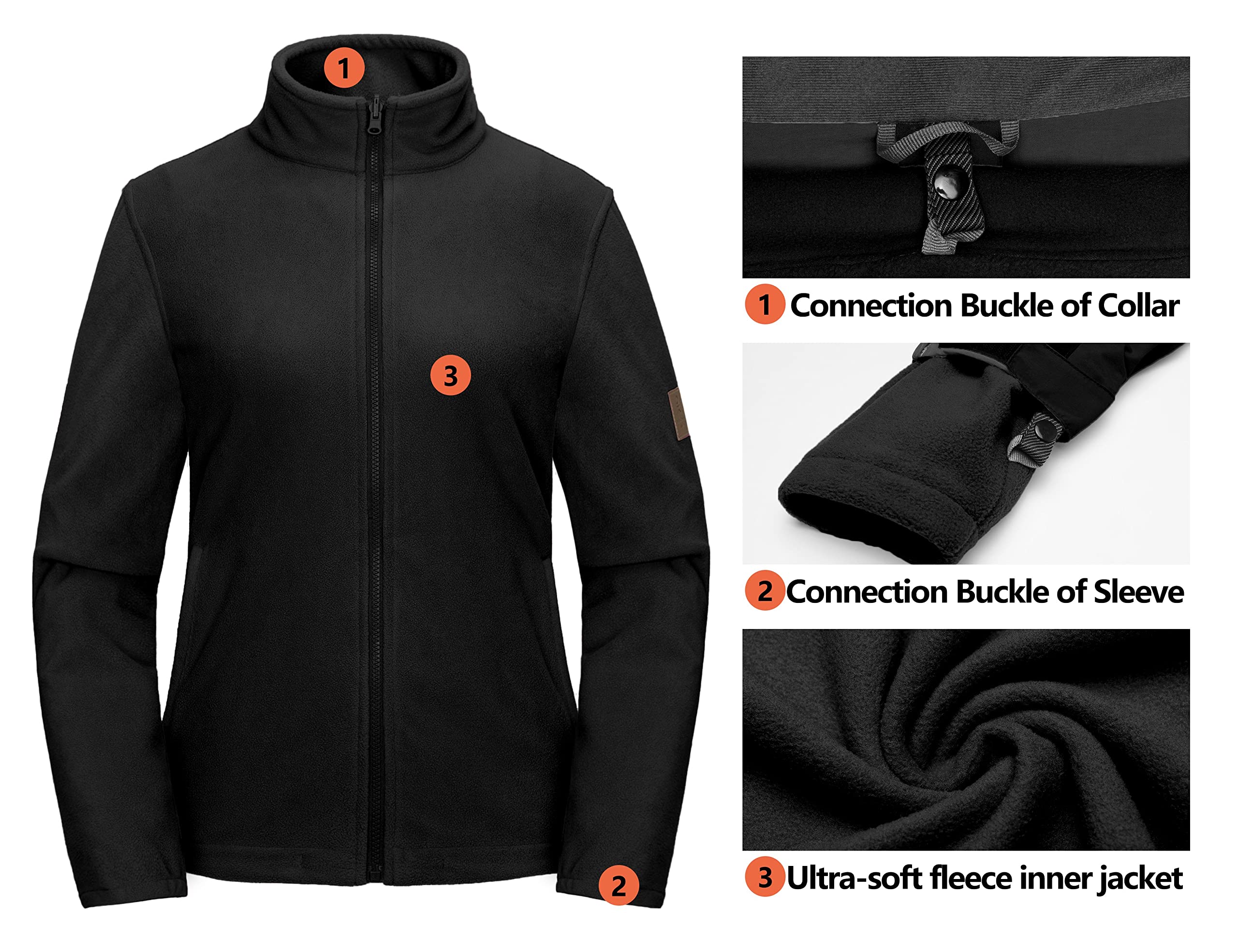 Little Donkey Andy Women's 3 in 1 Winter Ski Jacket Warm Fleece Liner Jacket Waterproof Windproof Snow Coat & Detachable Hood Black L
