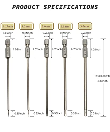 VICRAZEE 1.27 1.5 2.0 2.5 3.0mm Hex Head Allen Wrench Drill Bit Set S2 Steel 1/4" Hex Shank 4.3" Long for Electric Screwgun/Power Drill RC Hobby Tools Kit (5-Pack)