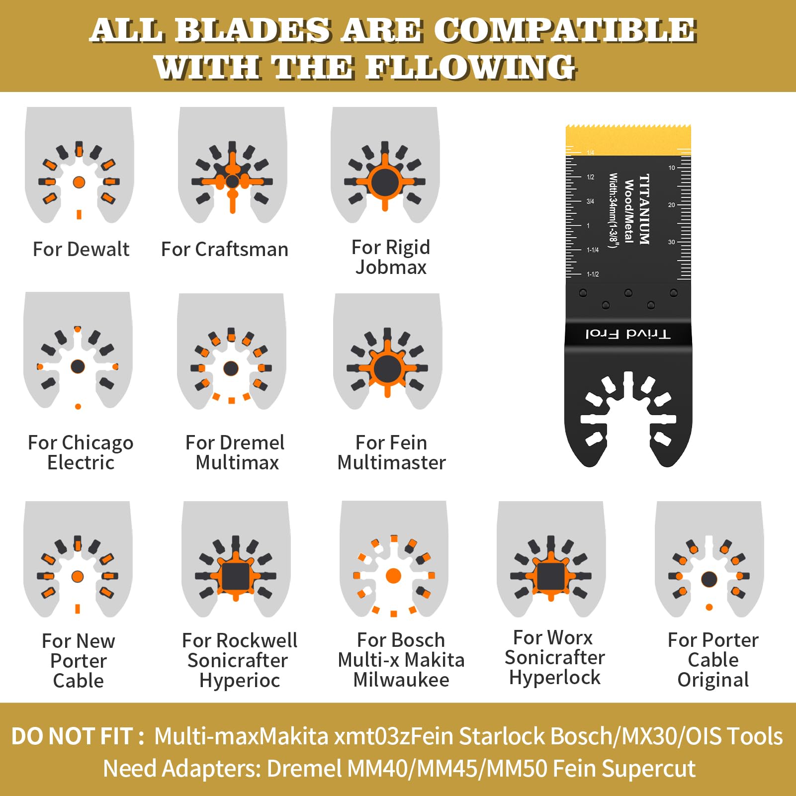 Trivd Frol 10PCS Titanium Multitool Blades, Oscillating Saw Blades Metal Cutting for Nails Wood Plastic and Hard Material Oscillating Tool Blades Kit fit Dewalt Rockwell Milwaukee Makita Bosch