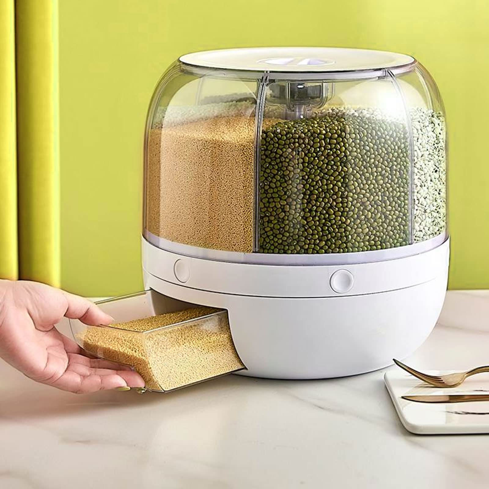 SABUIDDS Rotating Grain Dry Food Dispenser Countertop - 6 Grids Cereal Tank Dispenser for Lentils, Rice, Beans - Kitchen Pantry Storage Container- Max 10kg/22 lbs Capacity - White