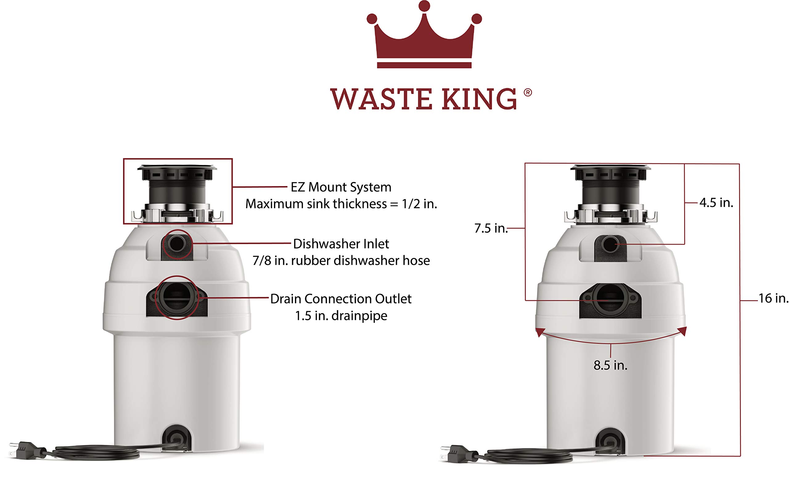 Waste King Legend Series 1 HP Continuous Feed Garbage Disposal with Power Cord - (L-8000) & Garbage Disposal Dishwasher Connector Kit - 1023