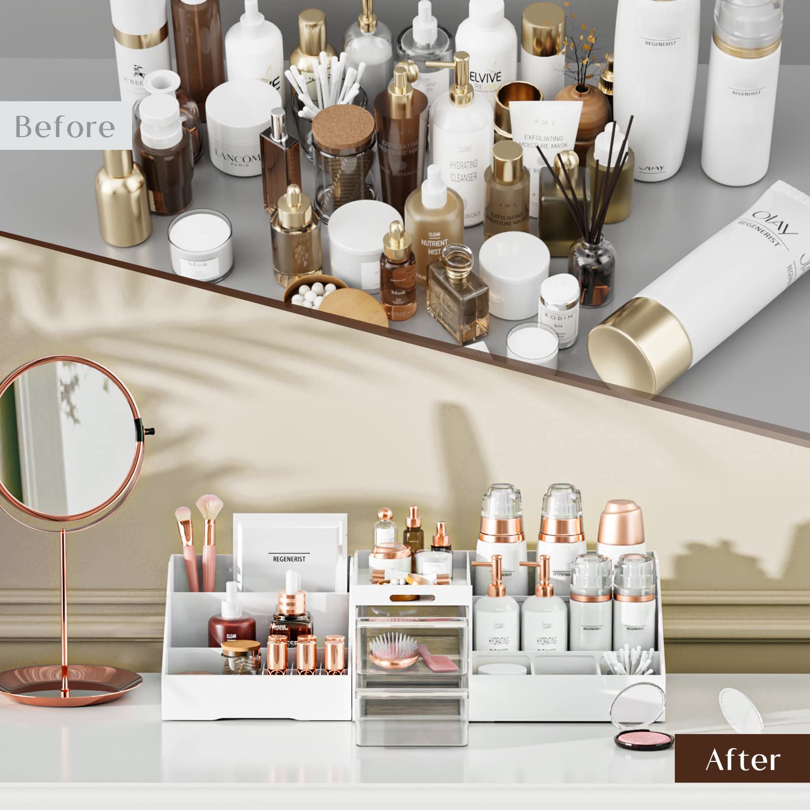 Makeup Organizer, Large Capacity with Drawers for Vanity, Makeup Brush, Nail Polish and Beauty Supplies White/Clear