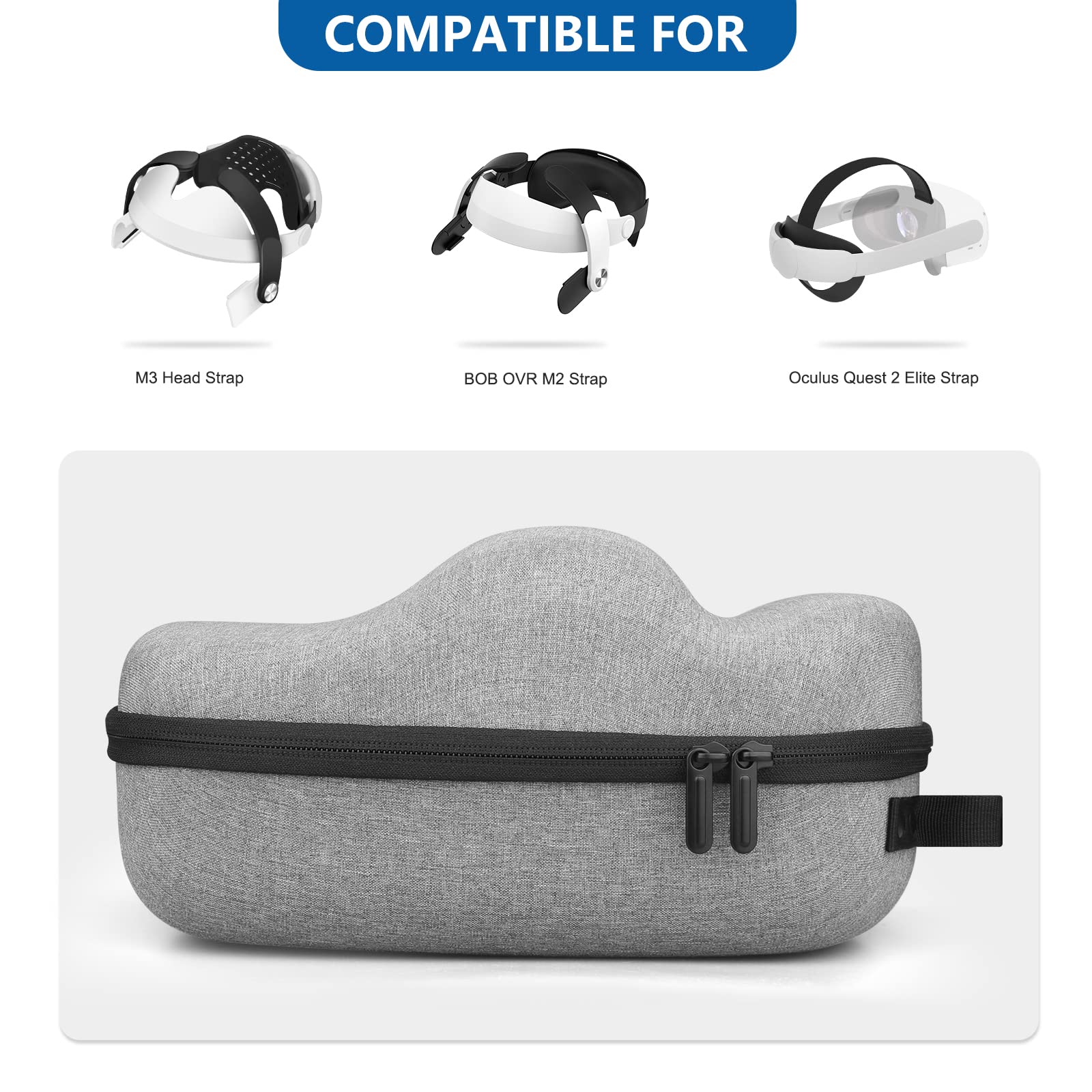MASiKEN Hard Sleek Carrying Case Compatible For Oculus Quest 2 Headset with M2 Head Strap/M3 Halo Strap - VR Quest 2 Accessories Fit Elite Strap, Waterproof Shockproof Comfort Touch (Gray)