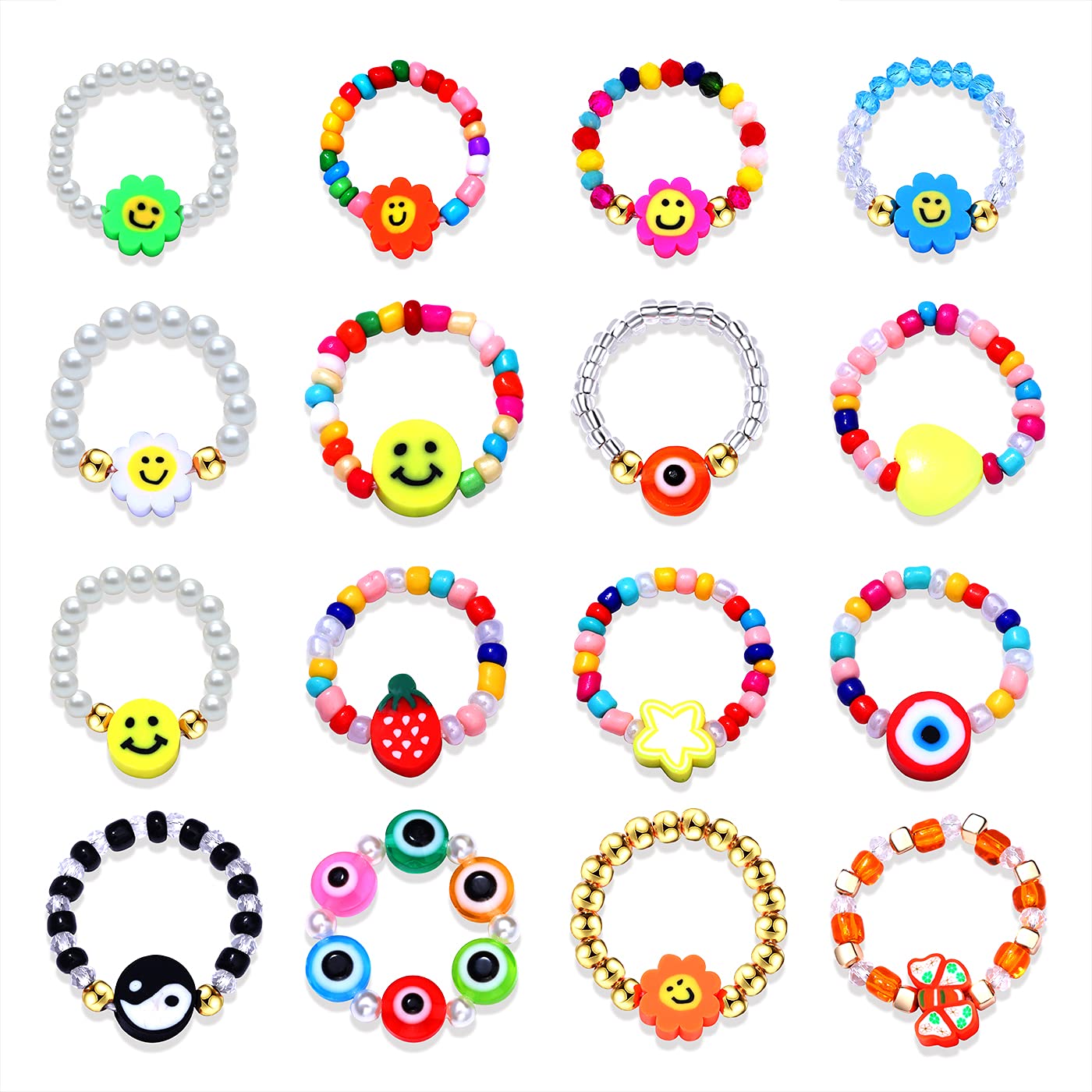 NLCAC Beaded Smiley Face Rings Handmade Rainbow Heishi Pearl Seed Beaded Stretchy Rings Stackable Cute Happy Face Signet Rings Y2K Jewelry Women Teens 16 Pcs mixed
