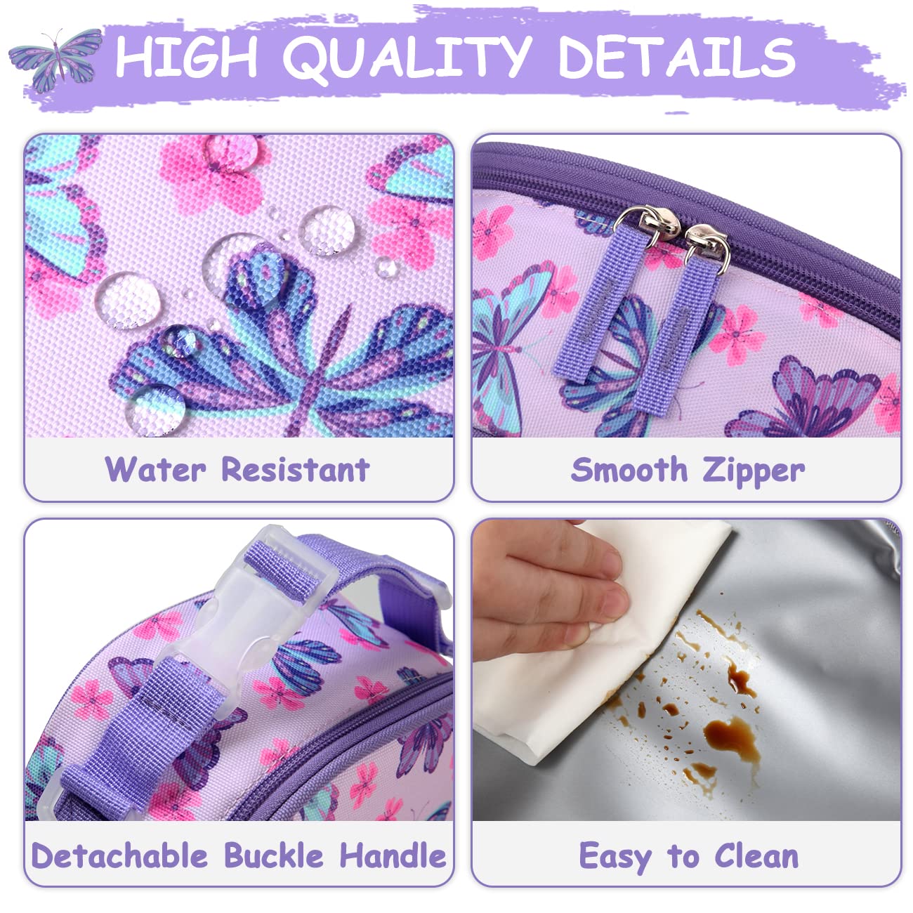 RAVUO Lightweight Butterfly School Backpack Bookbag and Lunch Bag Box Lunchbox Set for Girls